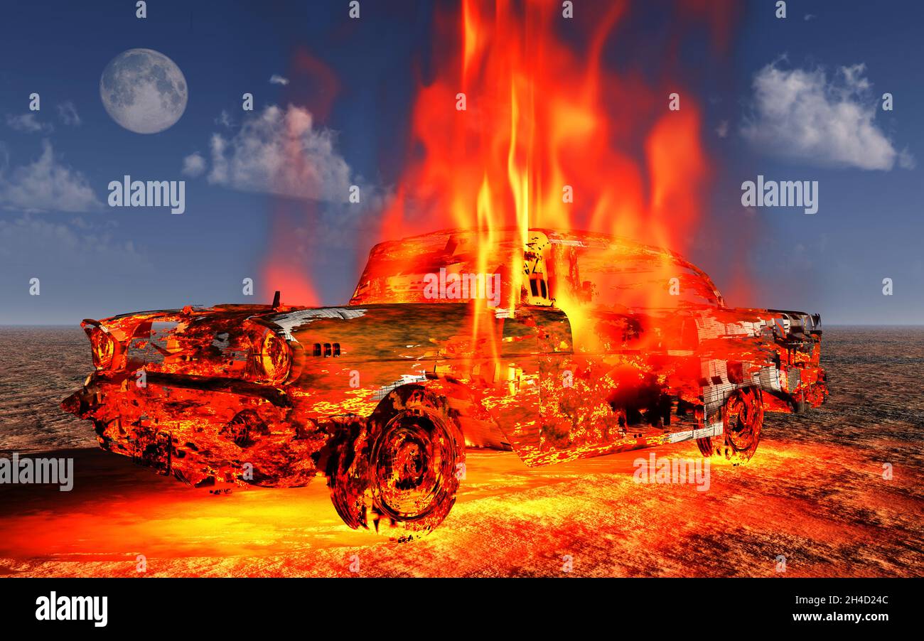 A Chevrolet Car On Fire Stock Photo - Alamy