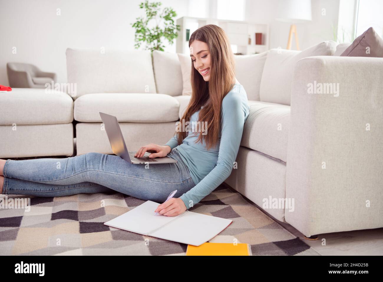 Profile side photo of young attractive woman happy positive sit floor ...