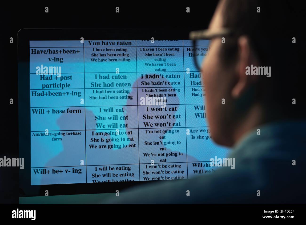 Over shoulder view of Asian man sitting in front of computer monitor ...