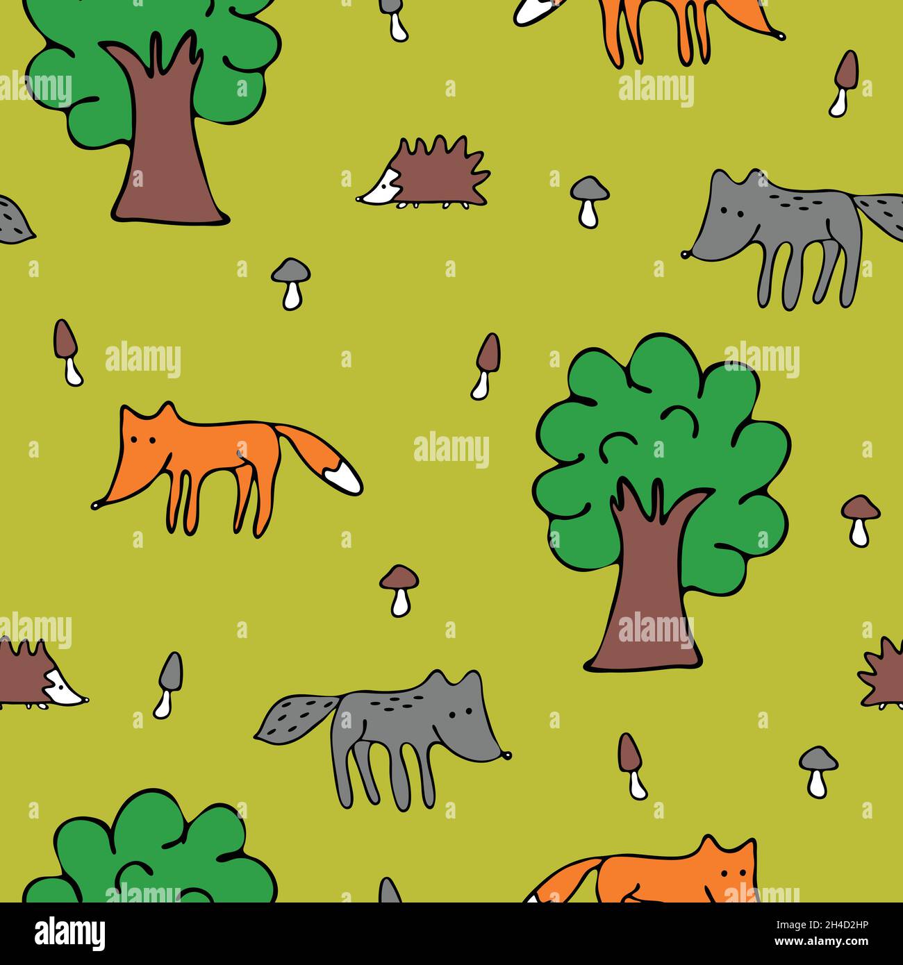 Seamless vector pattern with forest animals on green background ...