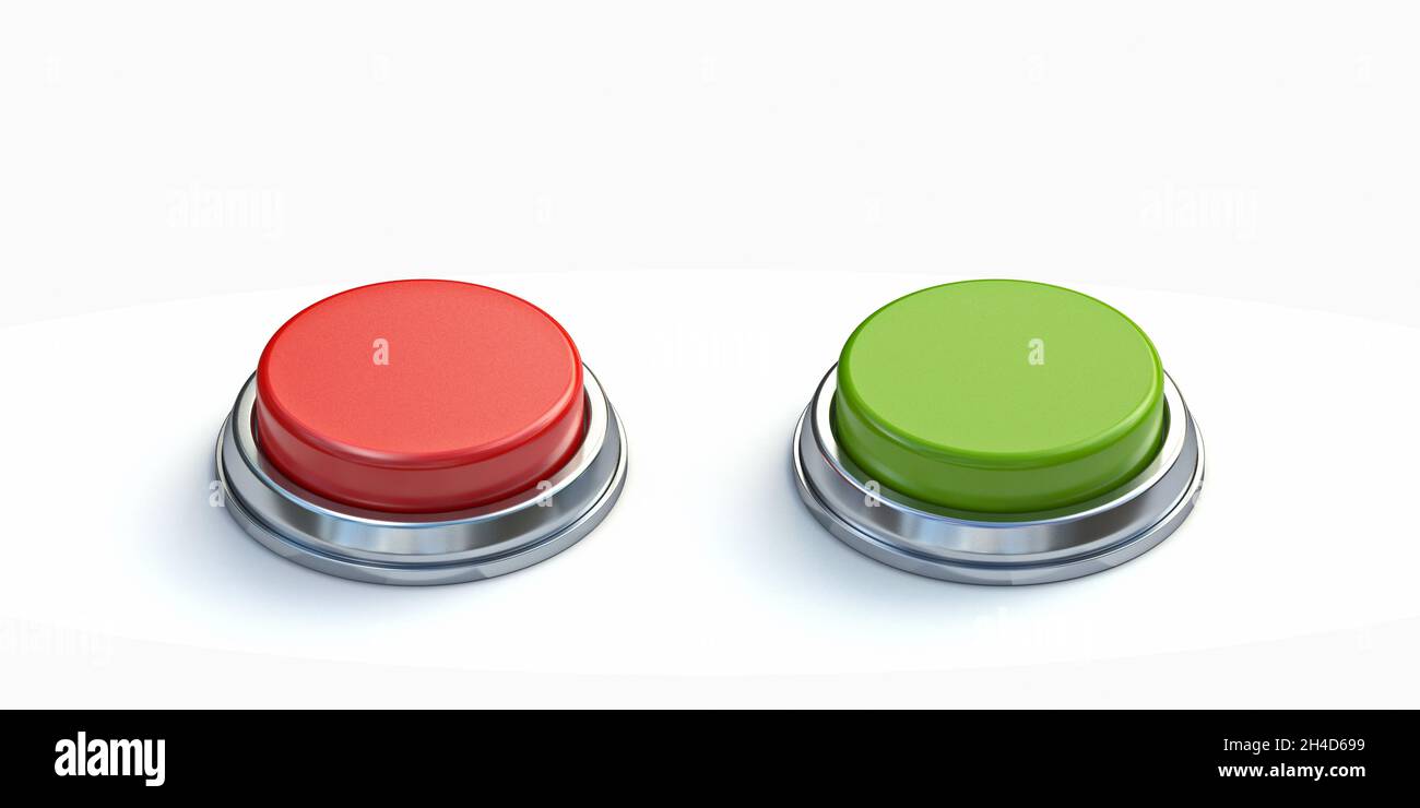 Red and green buttons made of metal and plastic 3D rendering ...
