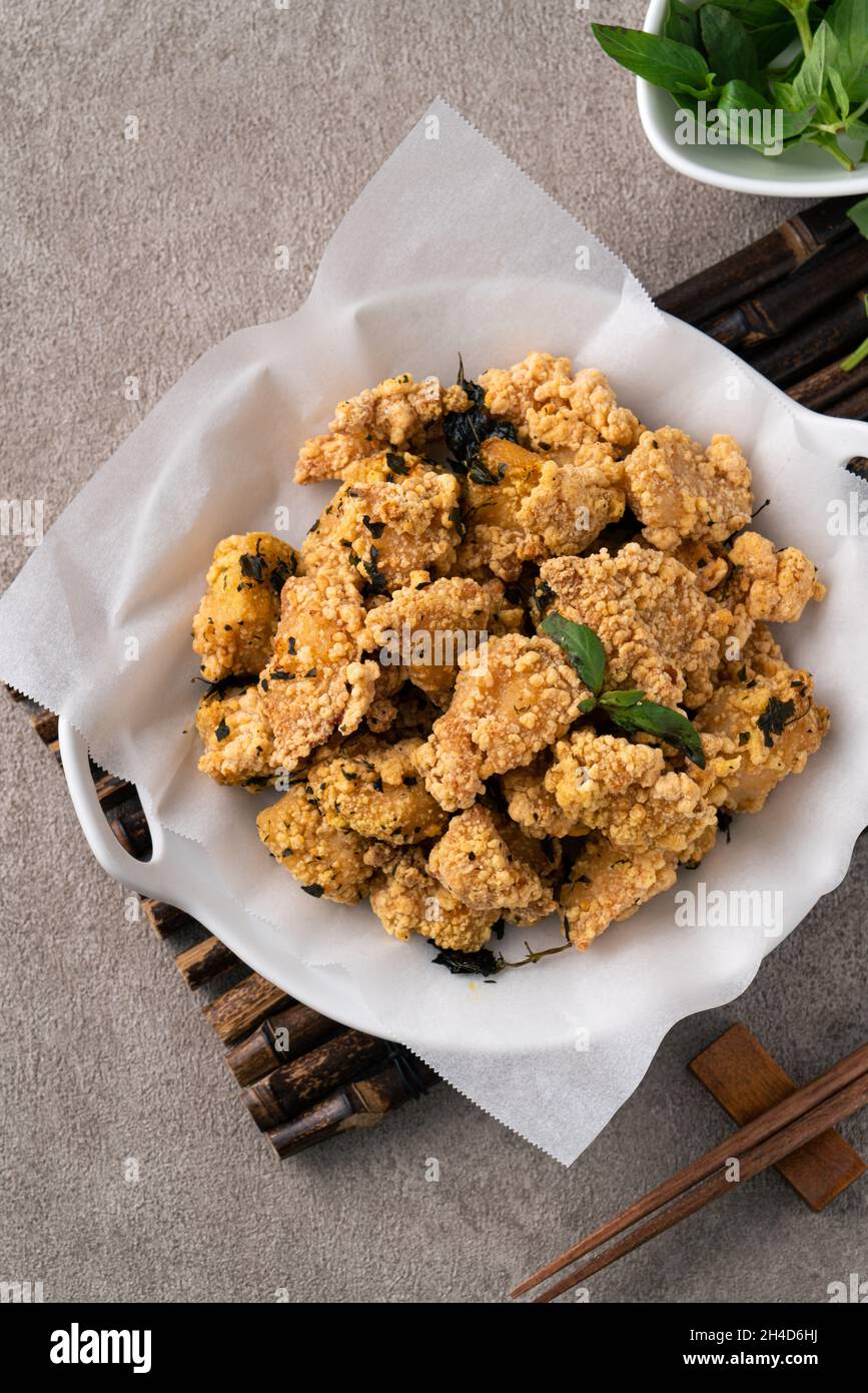 Top view of delicious fried popcorn chicken food in Taiwan for famous ...