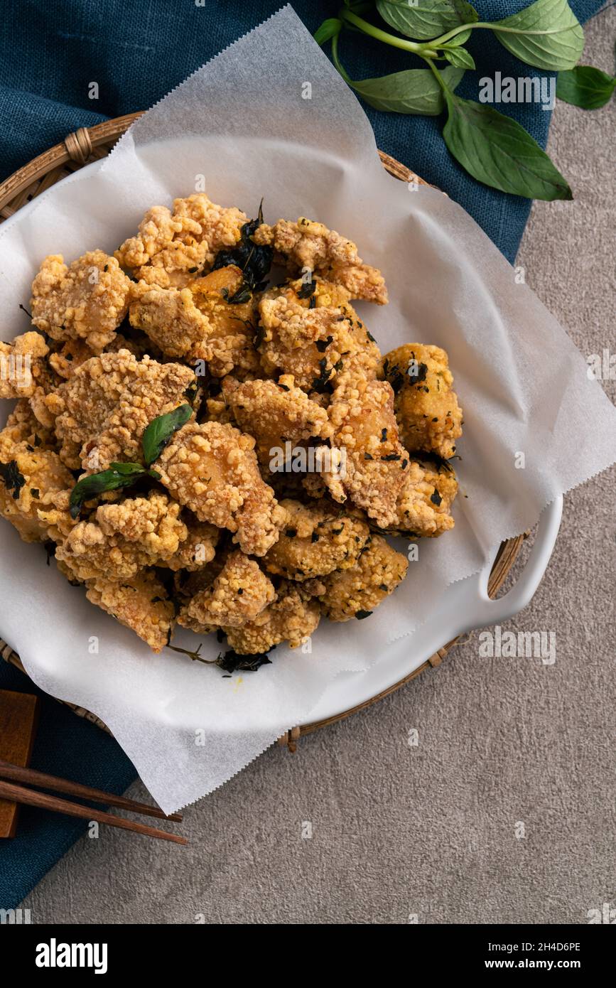 Top view of delicious fried popcorn chicken food in Taiwan for famous ...