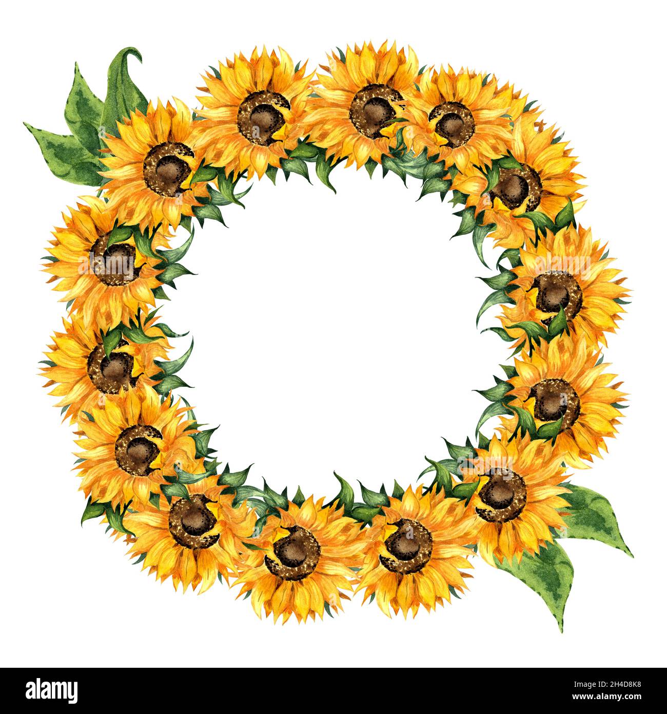 Sunflowers watercolor painting in a round frame. Autumn frame ...