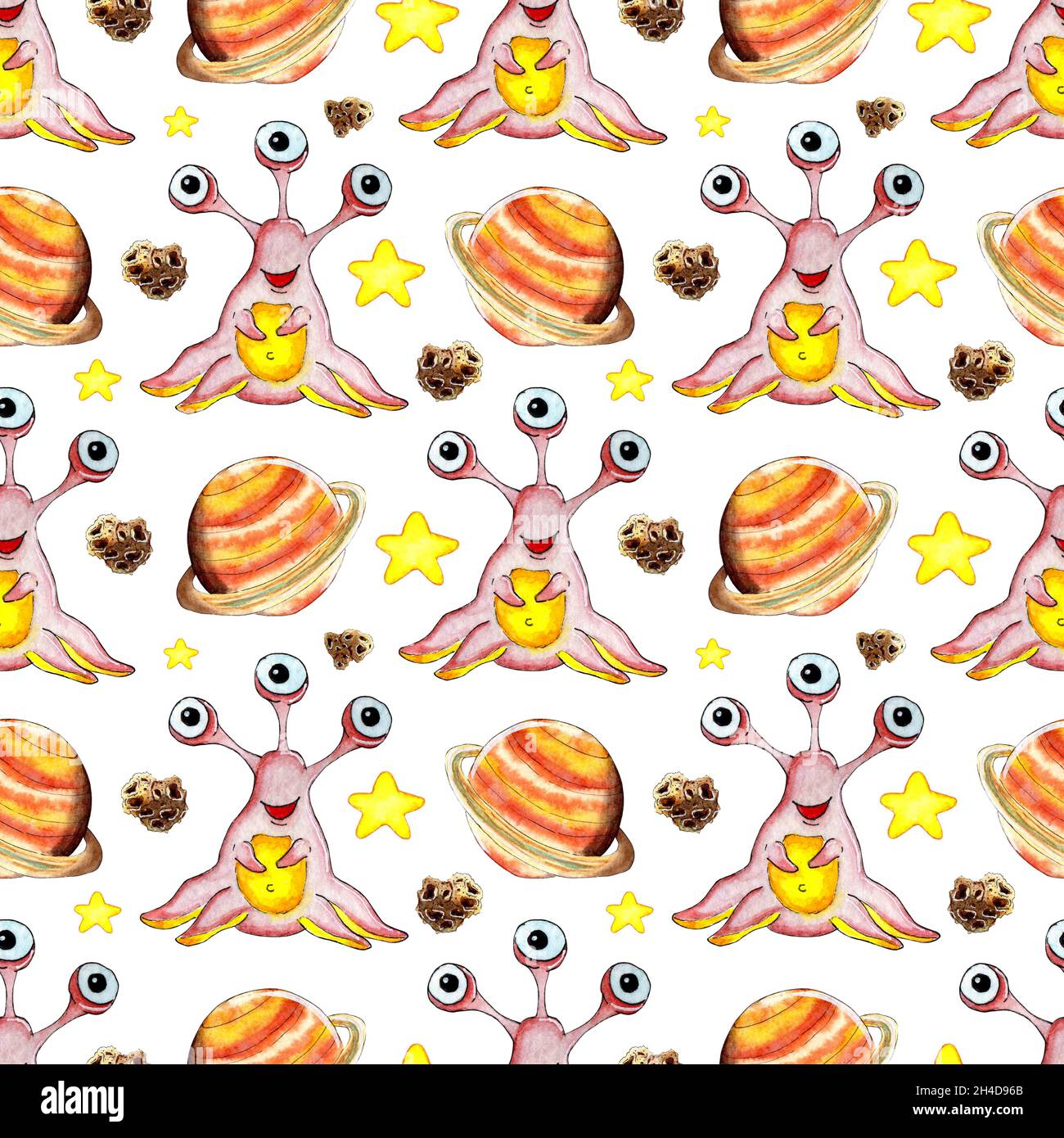 Seamless alien watercolor painting. Hand drawn background doodle cosmic ...