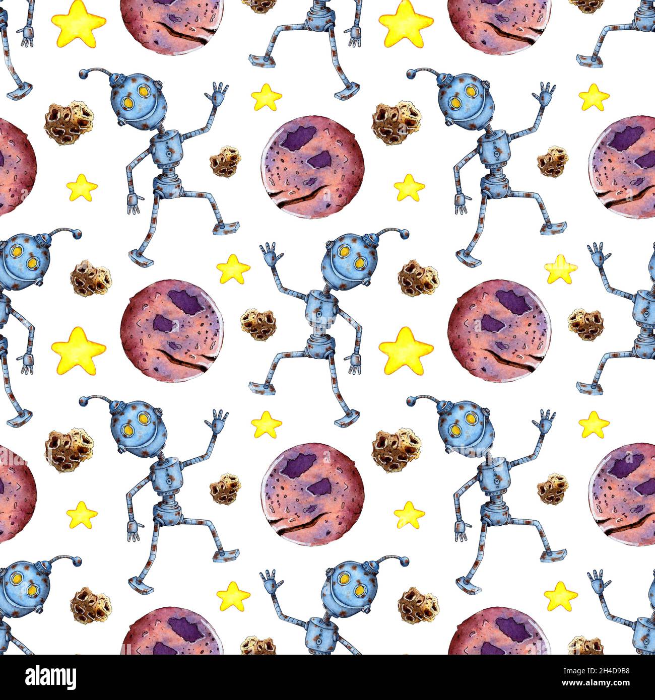 Watercolor painting painting of cute robots. Old robot ripper. Seamless ...