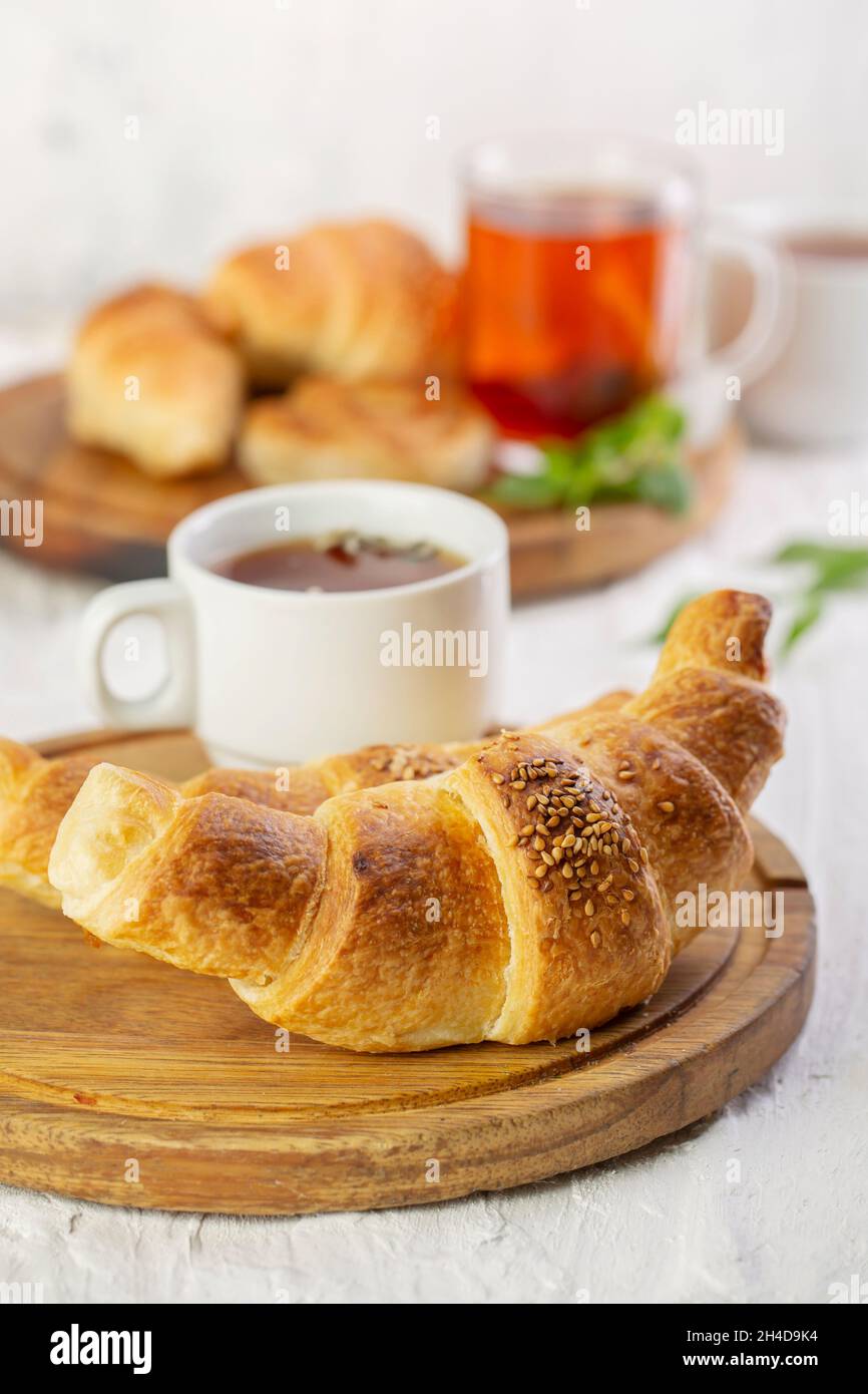 Croissant cake and coffee in cup for the breakfast hi-res stock ...