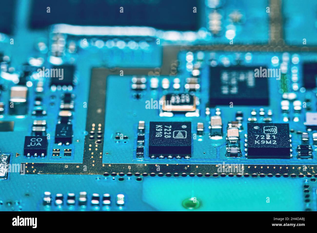 Microchips integrated on the board. The microcircuit photographed in ...