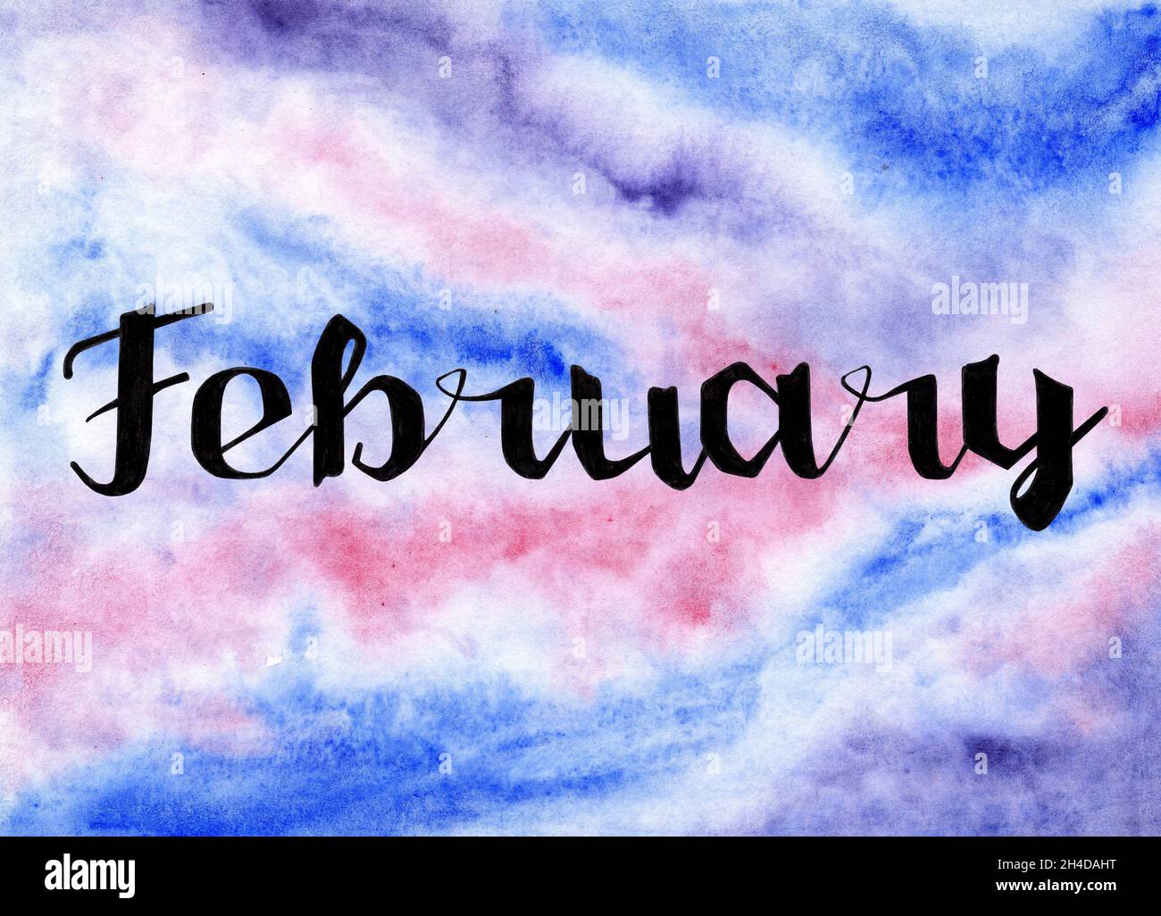 Hand drawn lettering phrase February on the watercolor background. Ink ...