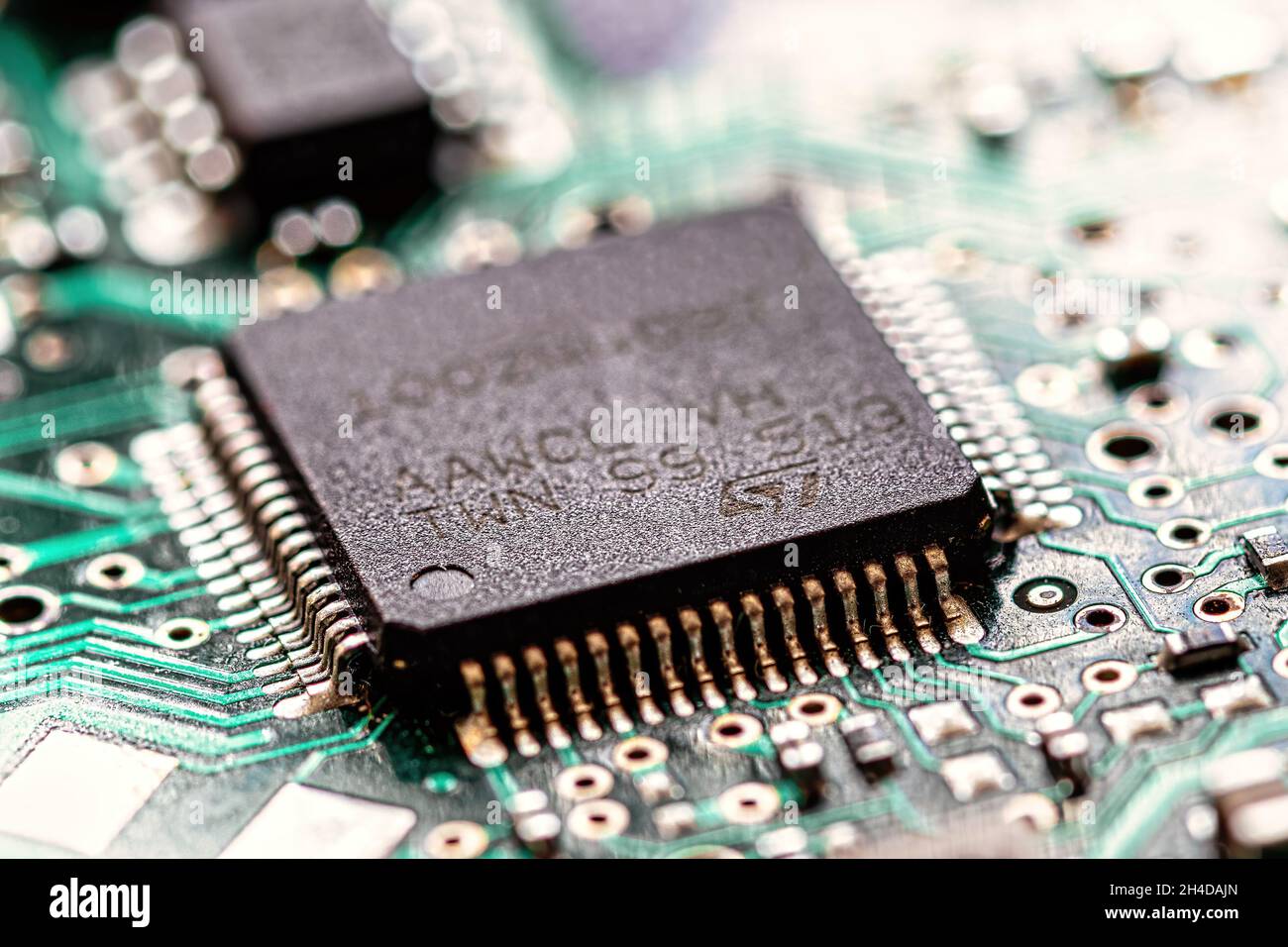 Microchips integrated on the board. The microcircuit photographed in ...