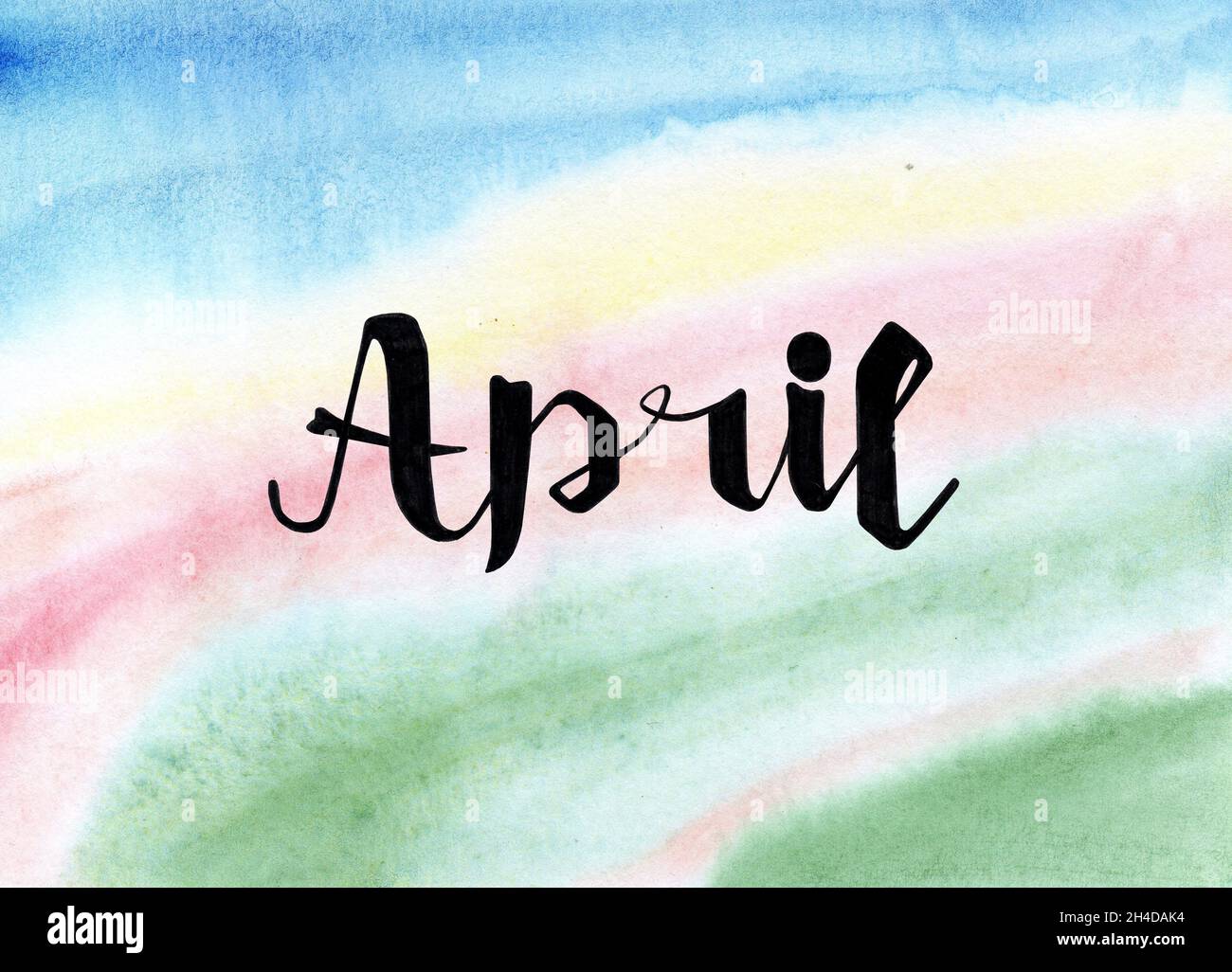 Hand drawn lettering phrase April on the watercolor background. Ink ...