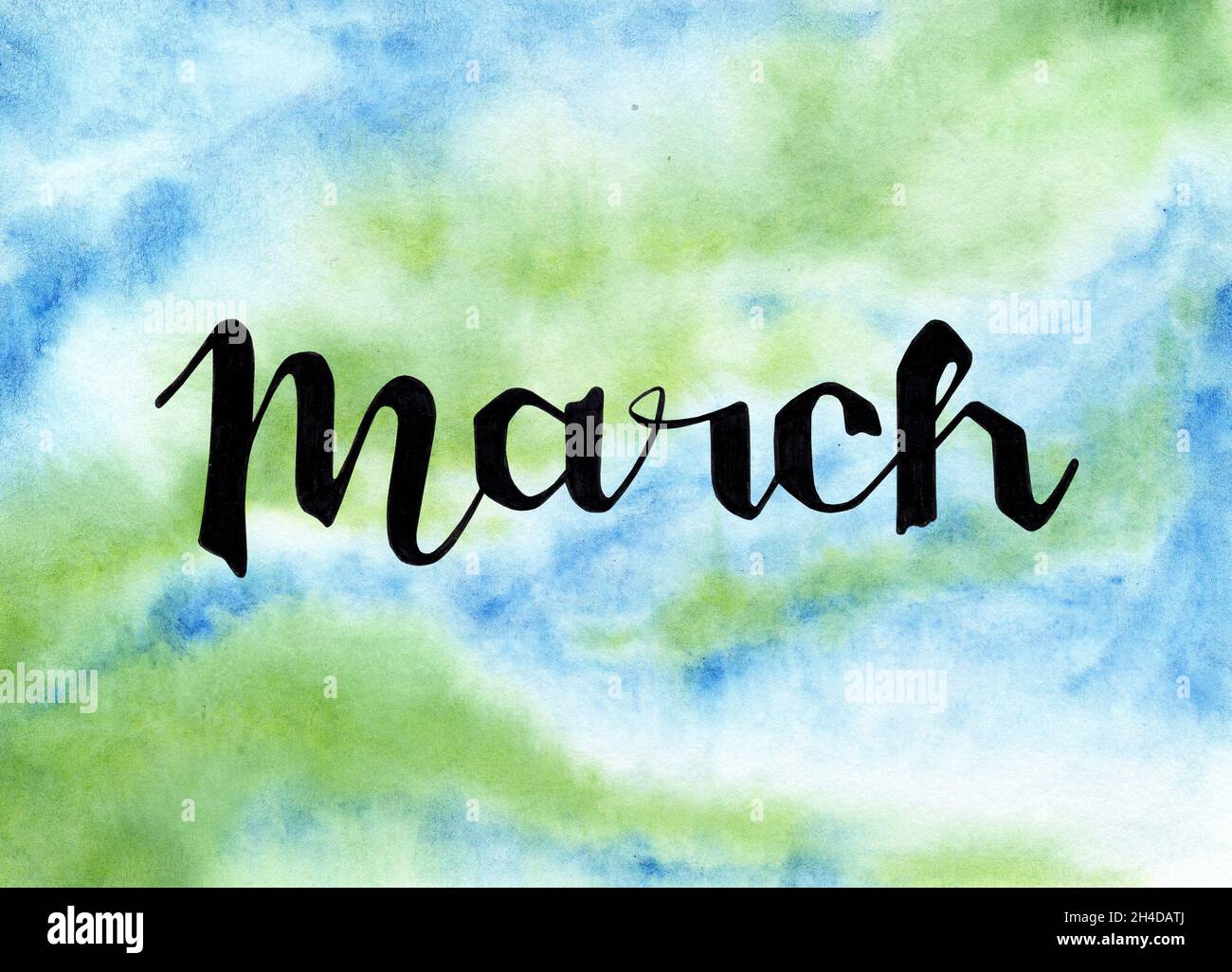 Hand drawn lettering phrase March on the watercolor background. Ink ...