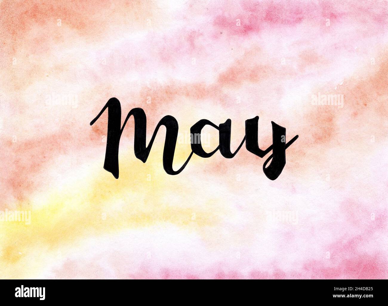 Hand drawn lettering phrase May on the watercolor background. Ink brush ...