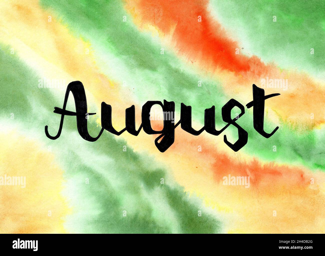 Hand drawn lettering phrase August on the watercolor background. Ink ...