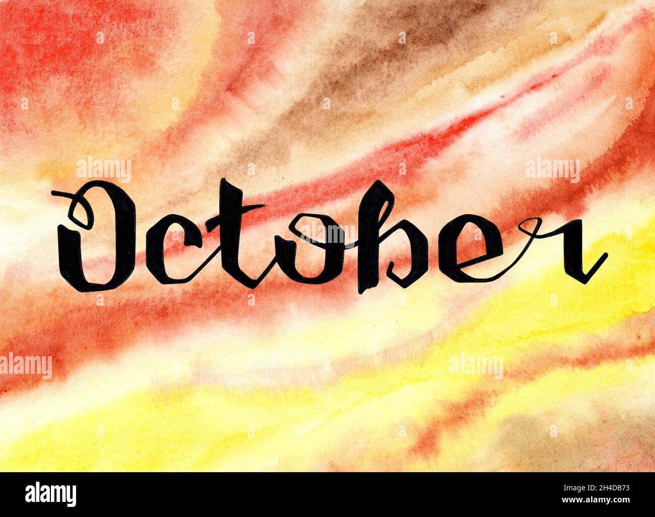 Hand drawn lettering phrase October on the watercolor background. Ink ...