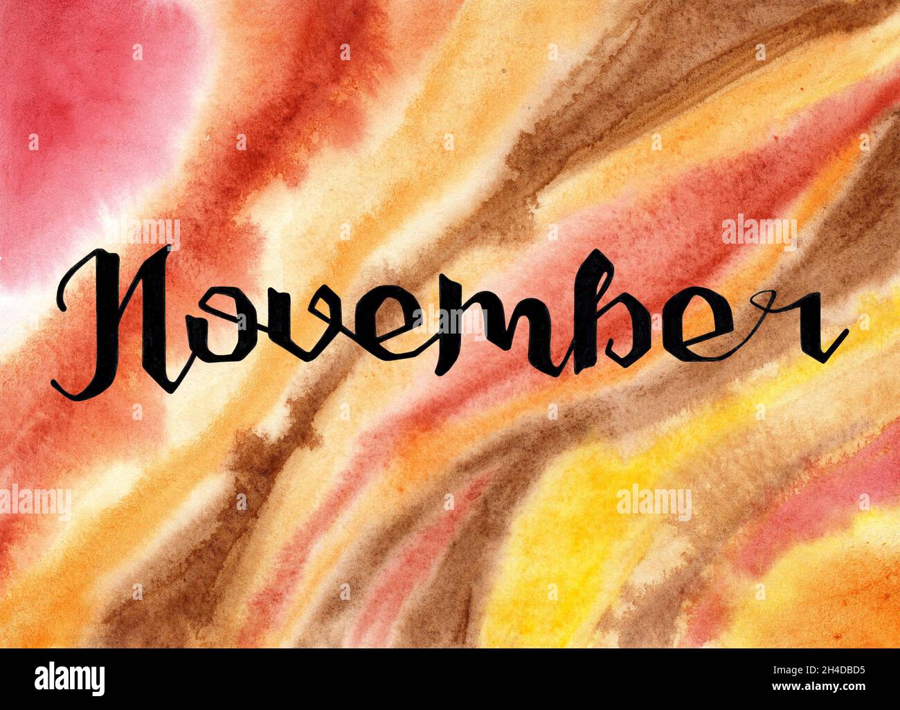 Hand drawn lettering phrase November on the watercolor background. Ink ...