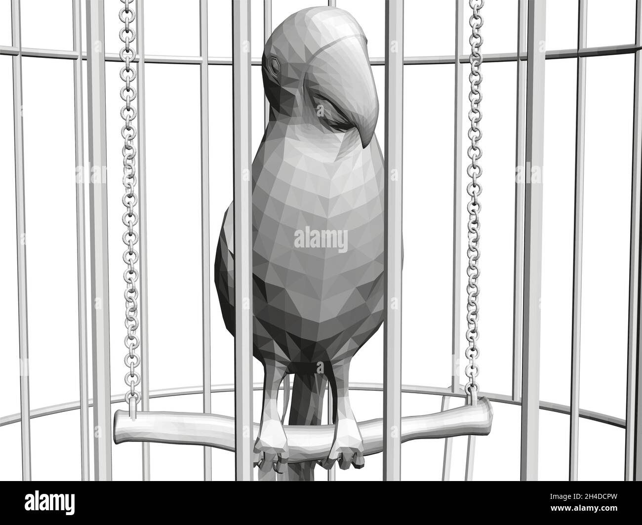 Polygonal parrot in a cage isolated on a white background. Front view ...