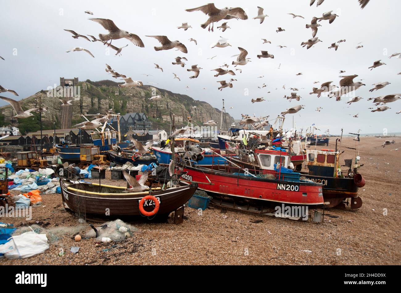 Hastings fishing boats on The Stade (Saxon for landing place). Hastings ...