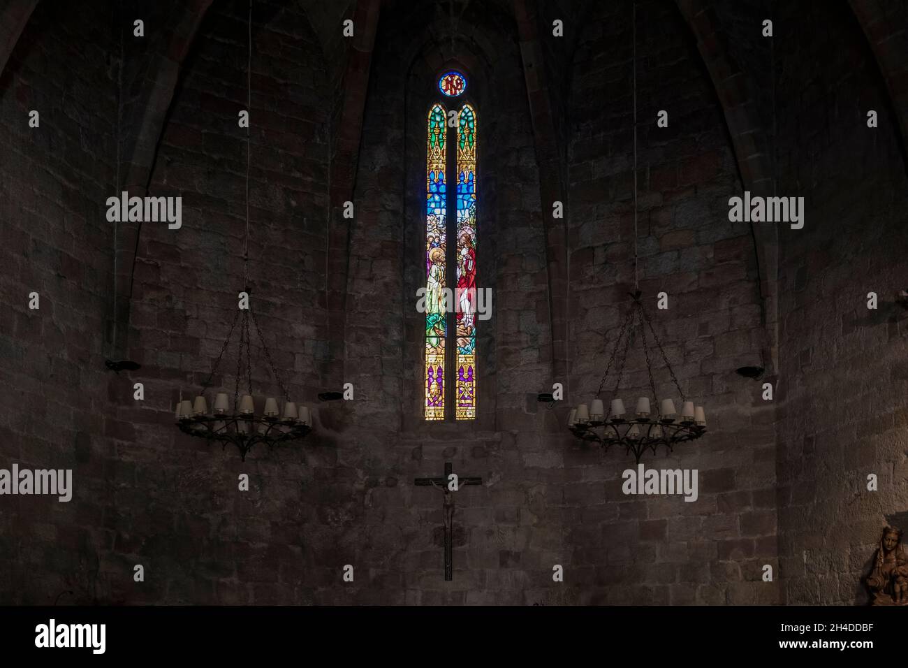 stained glass window of a medieval church in the spanish town of pals ...