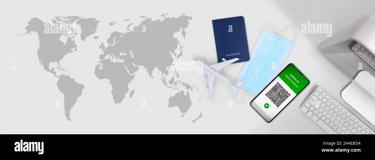 Green pass covid-19 vaccination concept for travel. Passport, face mask ...
