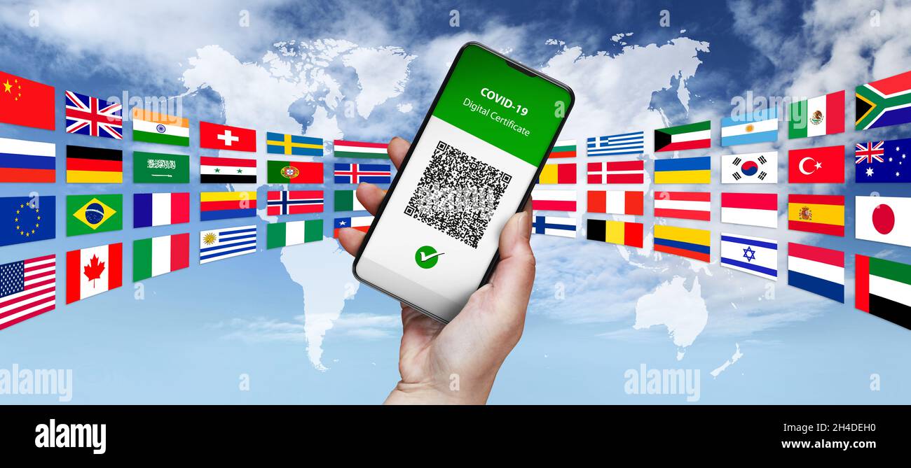 Green pass covid-19 vaccination concept. Hand holds smartphone with qr ...