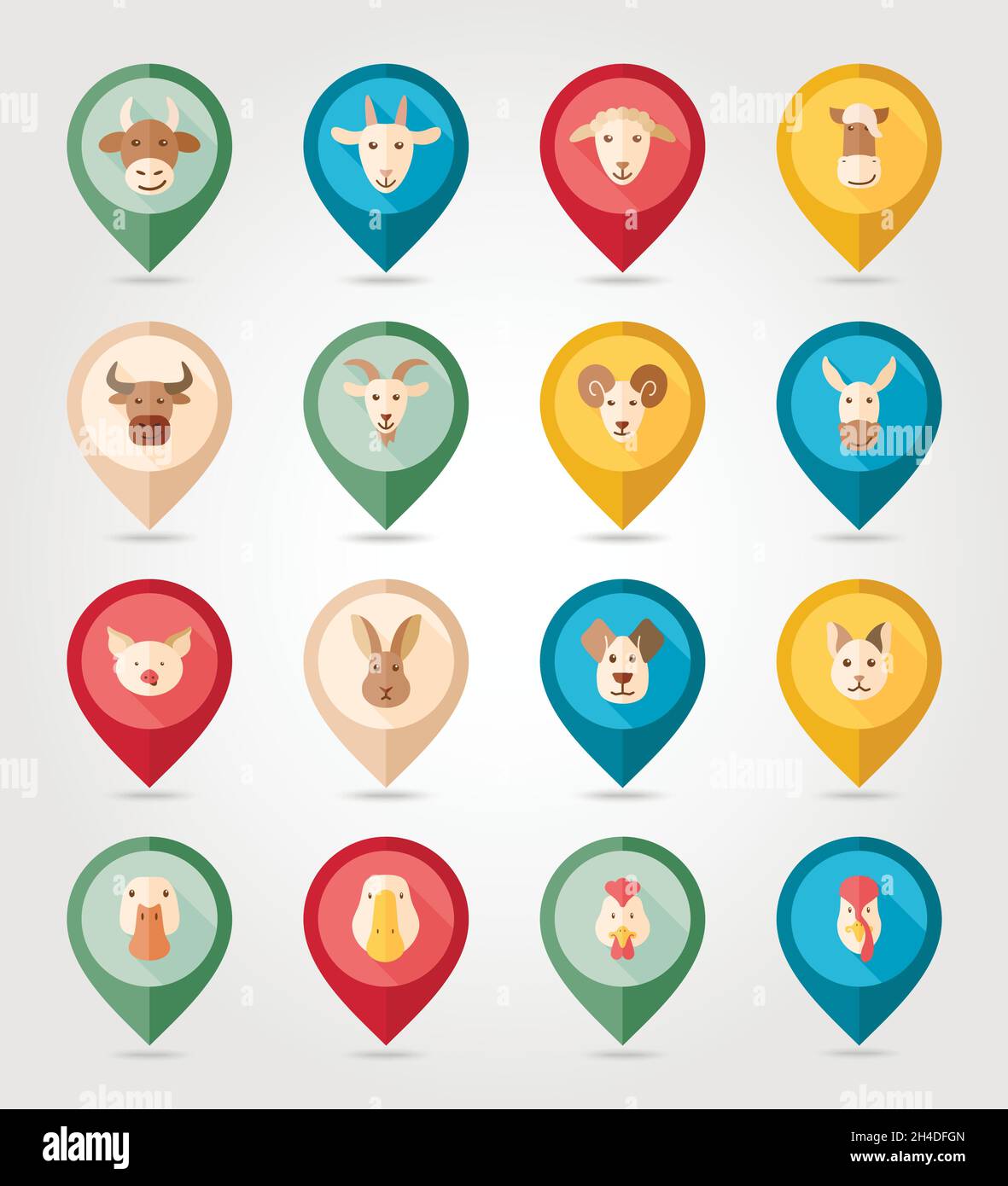 Farm animals mapping pins icons with long shadow, eps 10 Stock Vector ...