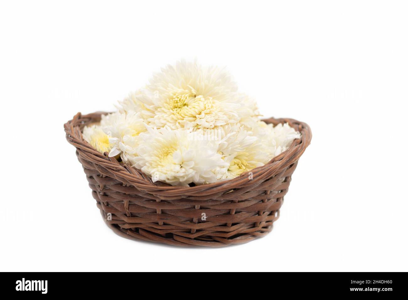 White Flowers In Bamboo Basket Called Puja Phool Ki Tokri Or Dalia For ...