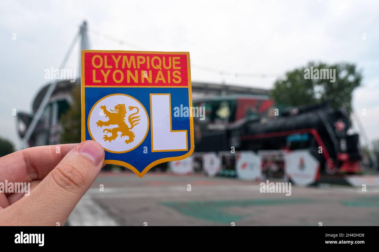 August 30, 2021, Lyon, France. The emblem of the football club ...