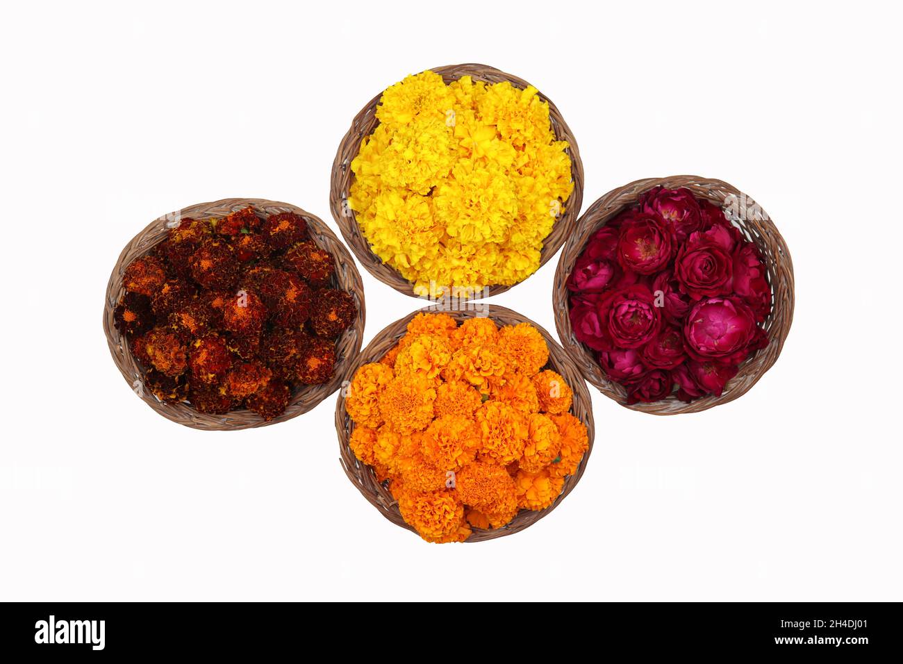 Top View Of Multi Colored Flowers Marigold Genda, Rose Gulab In Bamboo ...
