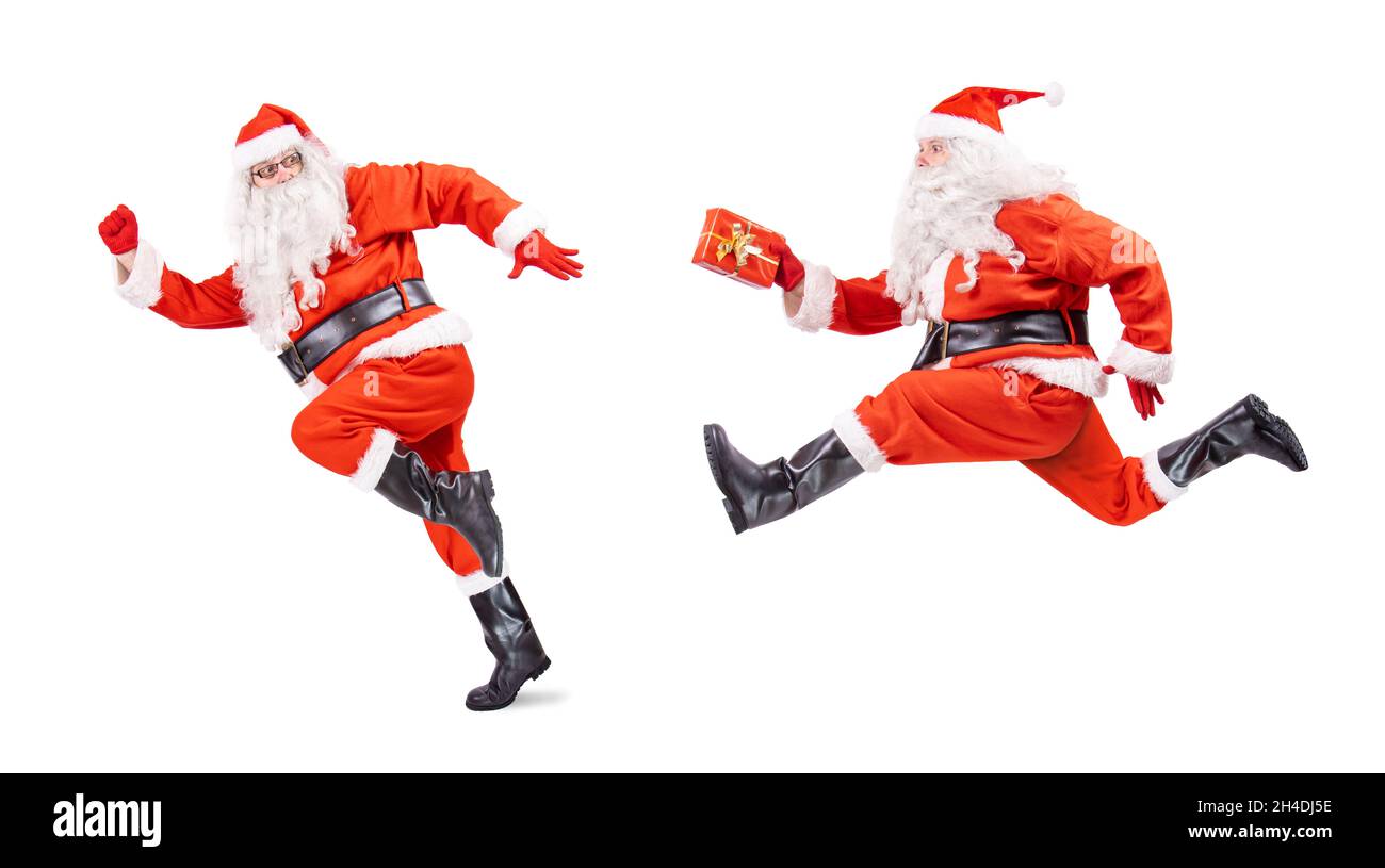 Christmas relay, Santa Claus runs and hand over the gift, isolated on a ...