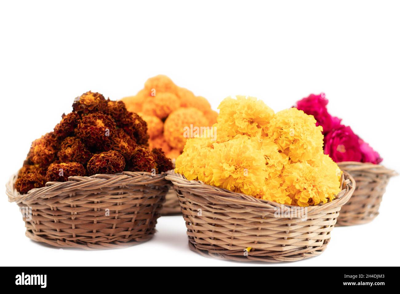 Yellow Marigold Flowers In Bamboo Basket Called Puja Phool Ki Tokri Or ...