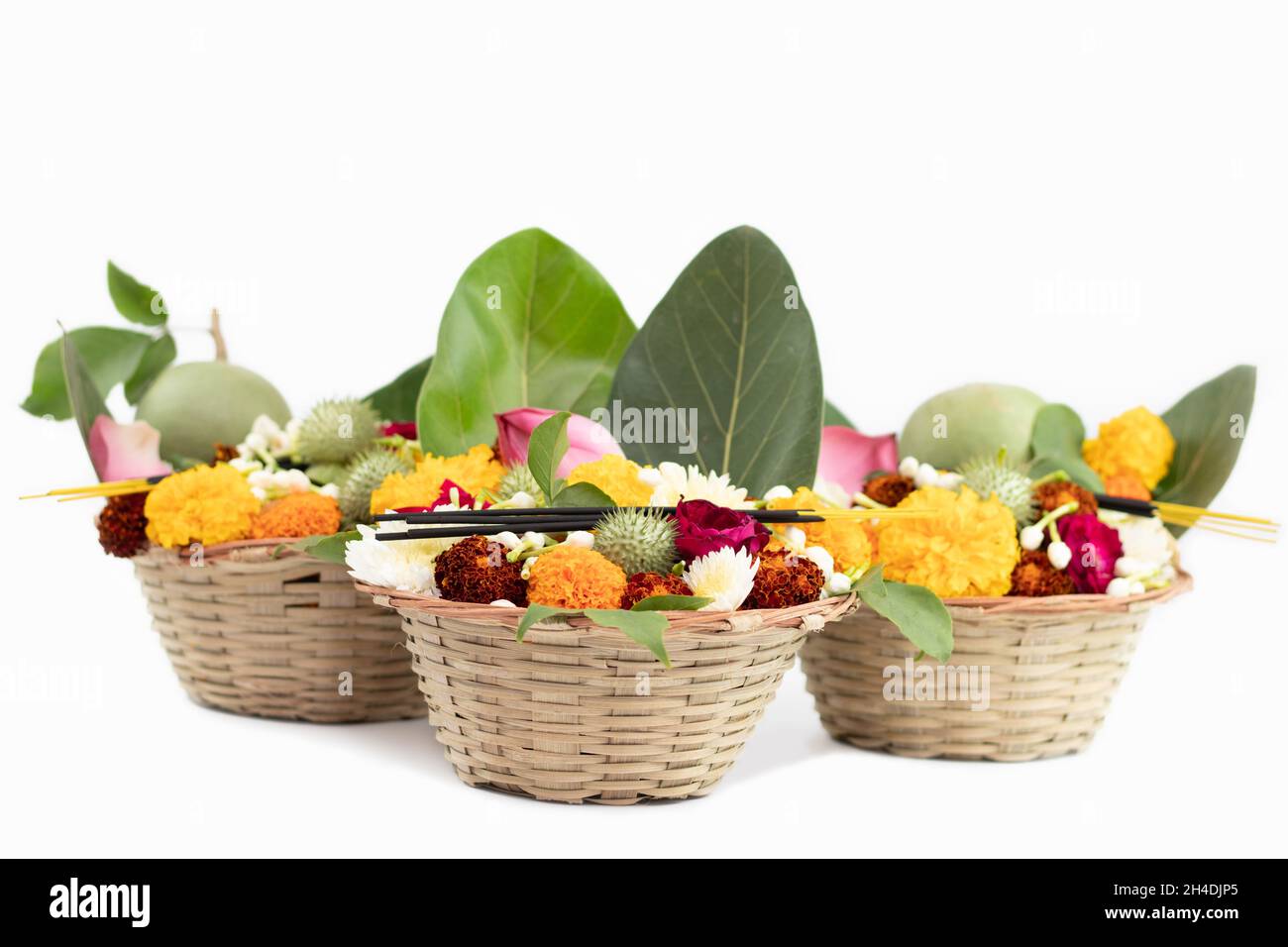 Bamboo Basket With Multi Flowers like Marigold Genda, Gulab, Jasmine ...