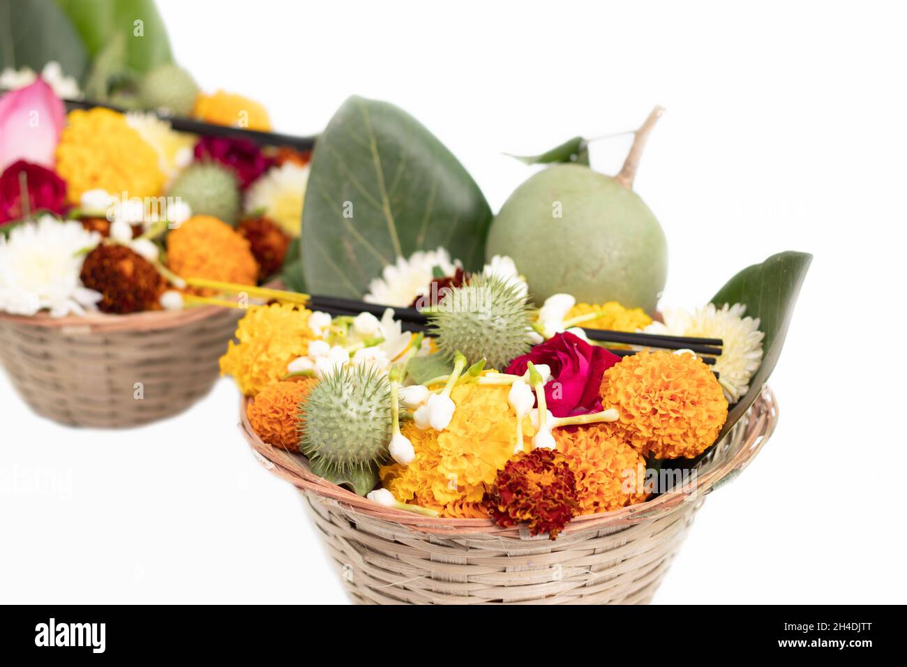 Bamboo Basket With Multi Flowers like Marigold Genda, Gulab, Jasmine ...