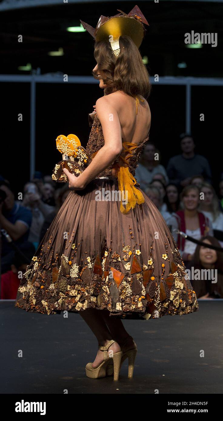 A model dressed in clothing made from chocolate at the catwalk in The ...