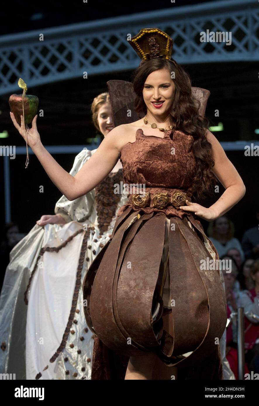A model dressed in clothing made from chocolate at the catwalk in The ...