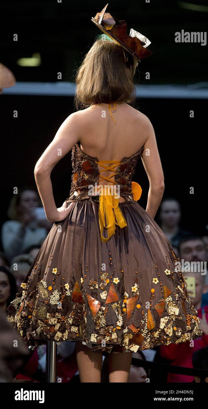 A model dressed in clothing made from chocolate at the catwalk in The ...