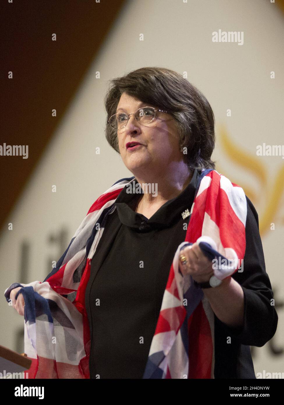 MEP for South East England, Catherine Bearder, wears an Union Jack flag ...