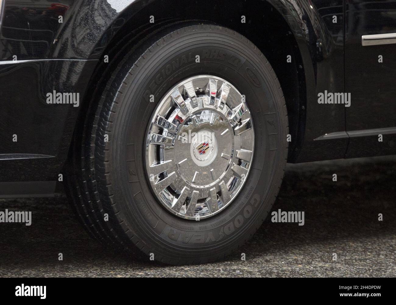 A close-up of 'The Beast' parked outside 10 Downing Street, while US ...