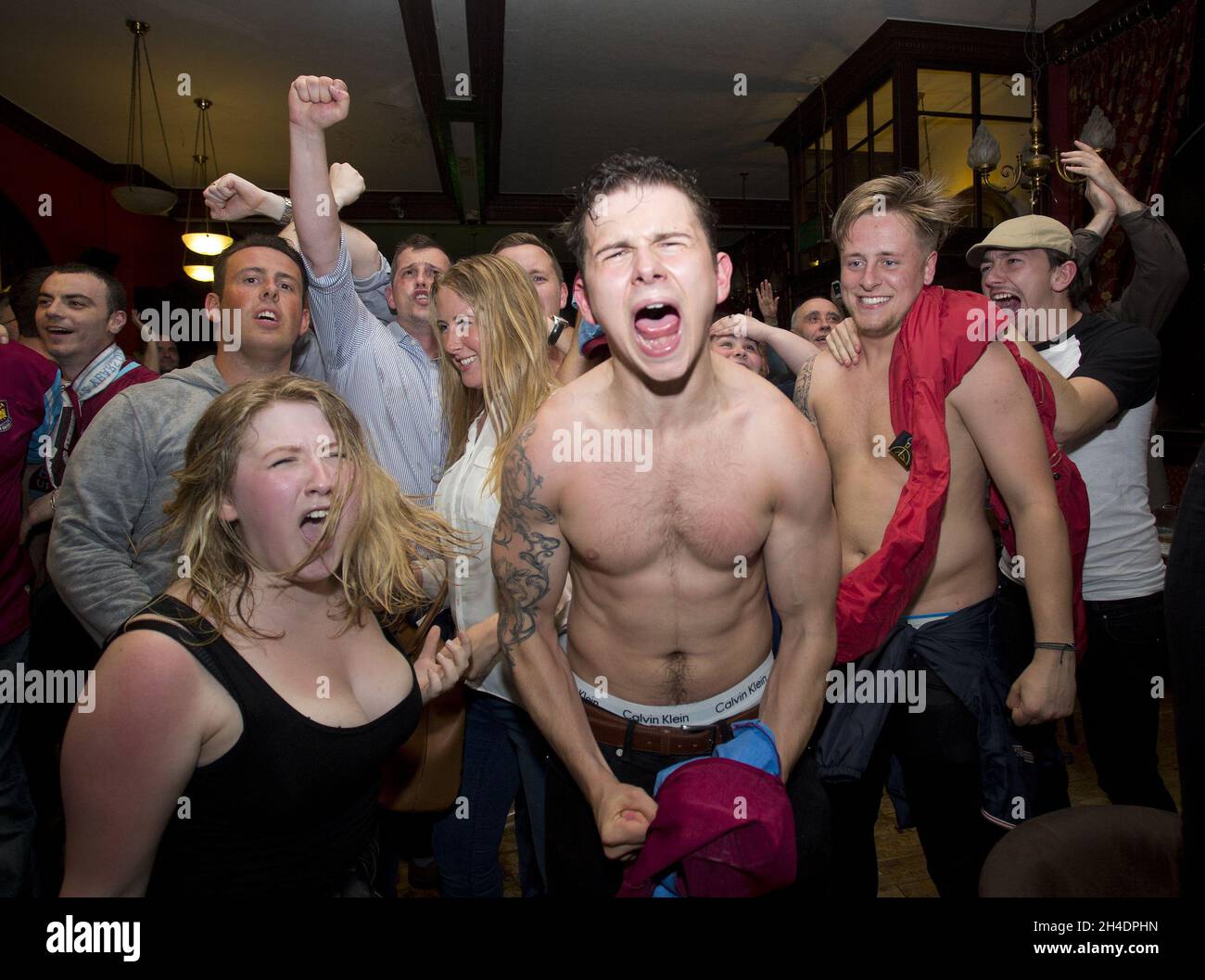 West Ham United fans at Central Pub, Barking Road, celebrate their team ...