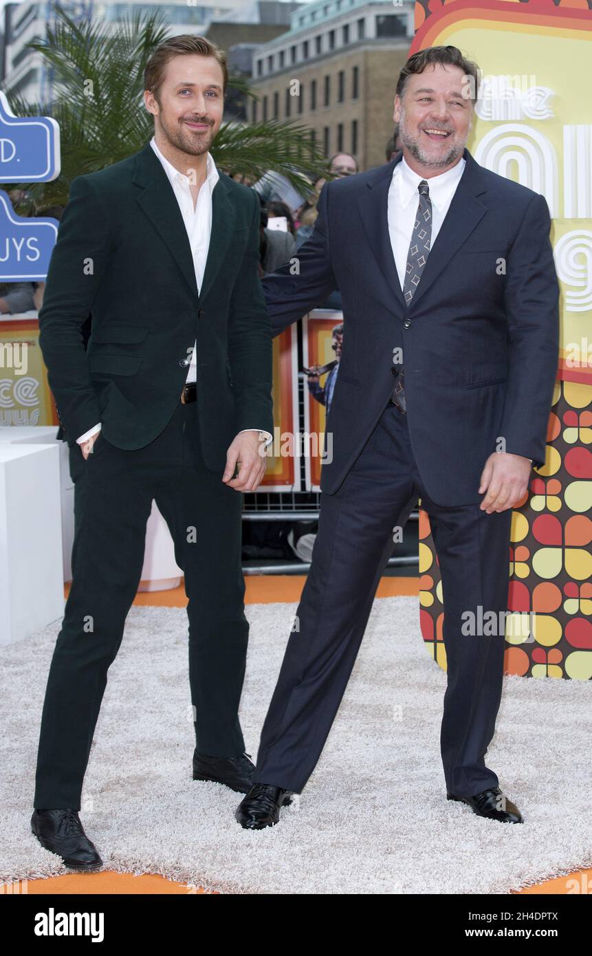 (L-R) Ryan Gosling and Russell Crowe attend the UK Premiere of THE NICE ...