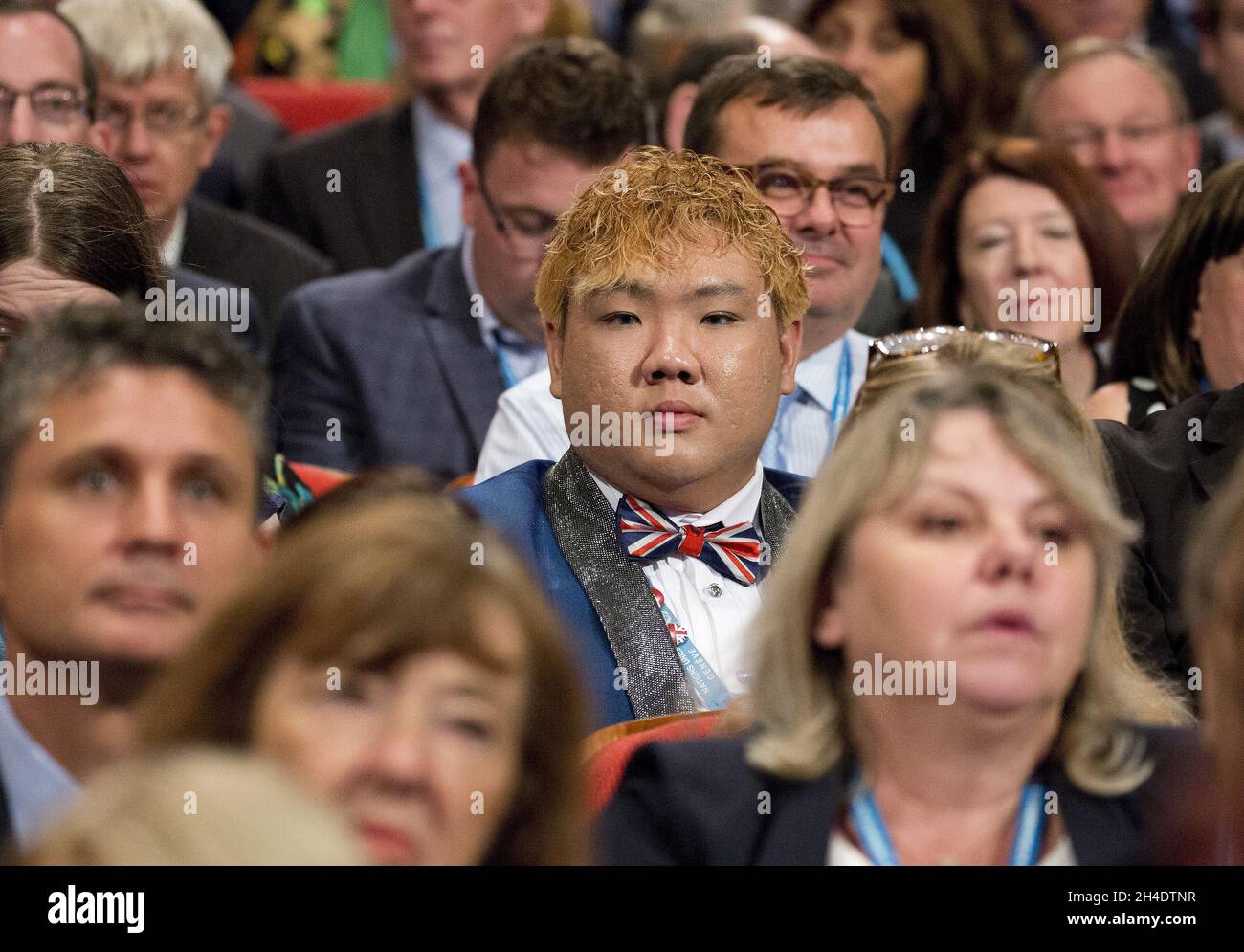 A delegate wears an Union Jack bowtie during the Conservative party ...