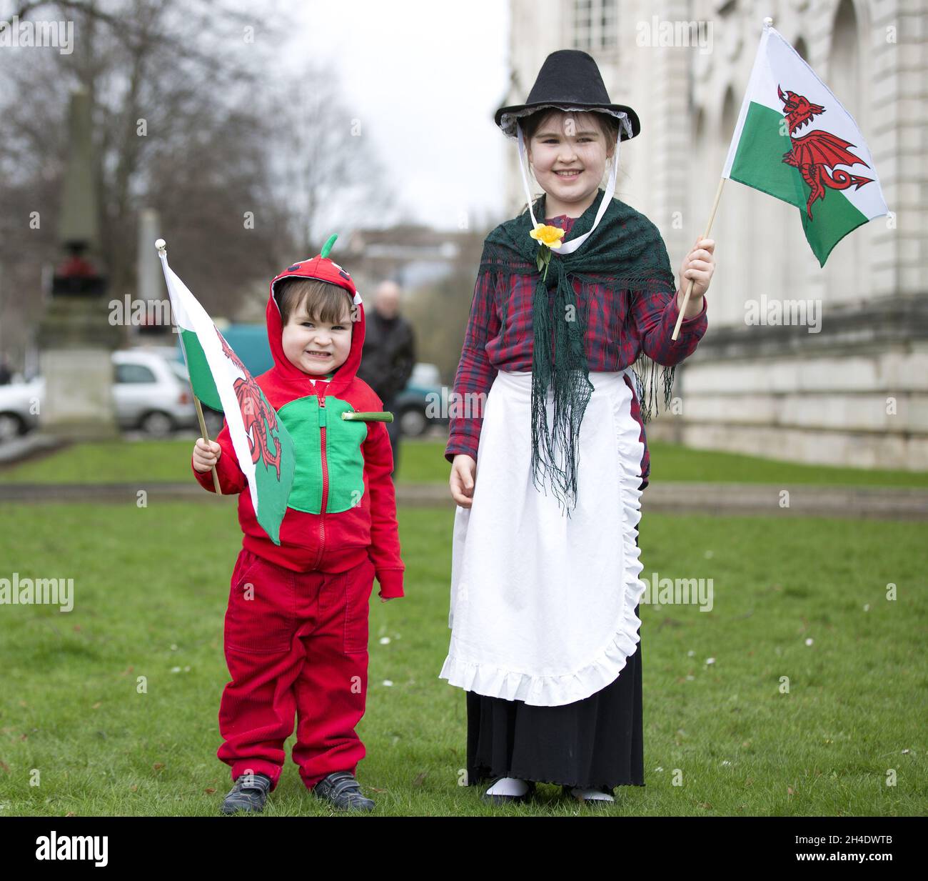 A pair of young Welsh children wear traditional and fancy dresses ...