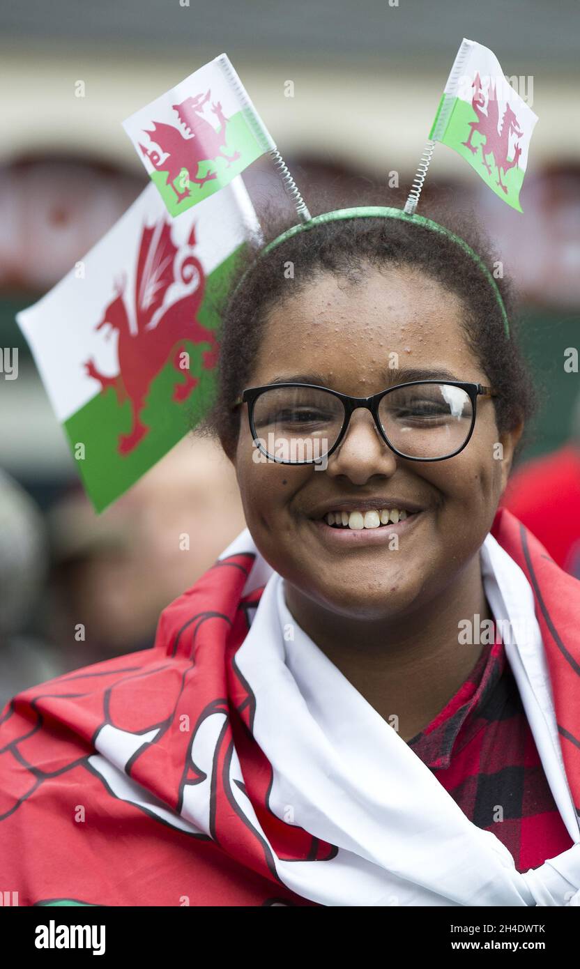 A young girl wears Welsh flags during the national St David's Day ...