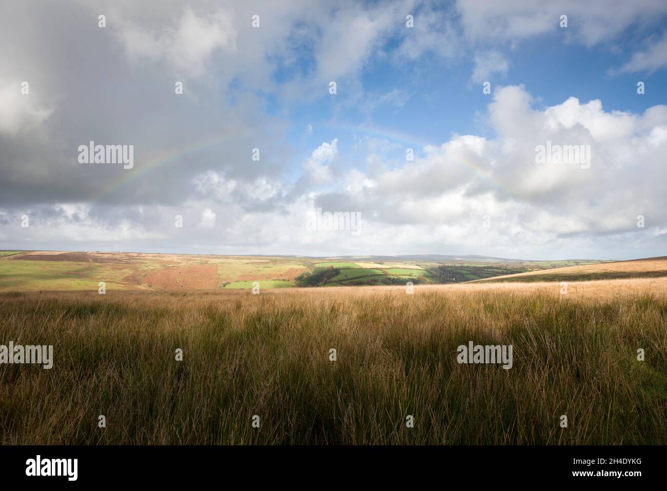 An autumn rainbow over the Barle Valley viewed from Withypool Common in ...