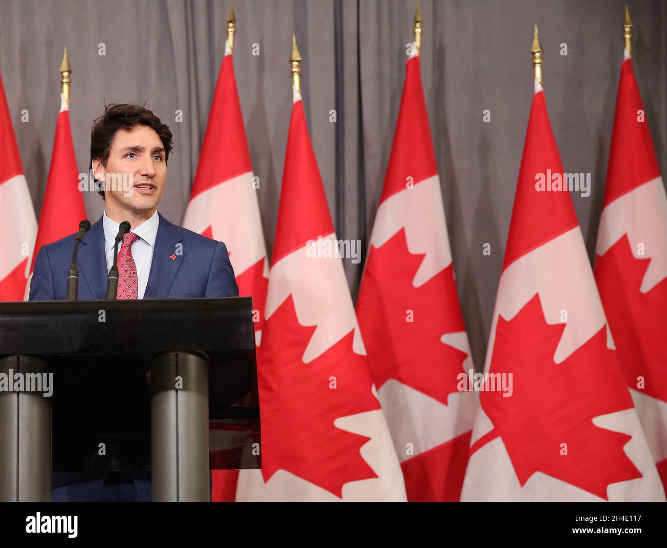Canada PM Justin Trudeau gives a speech during a press conference at ...