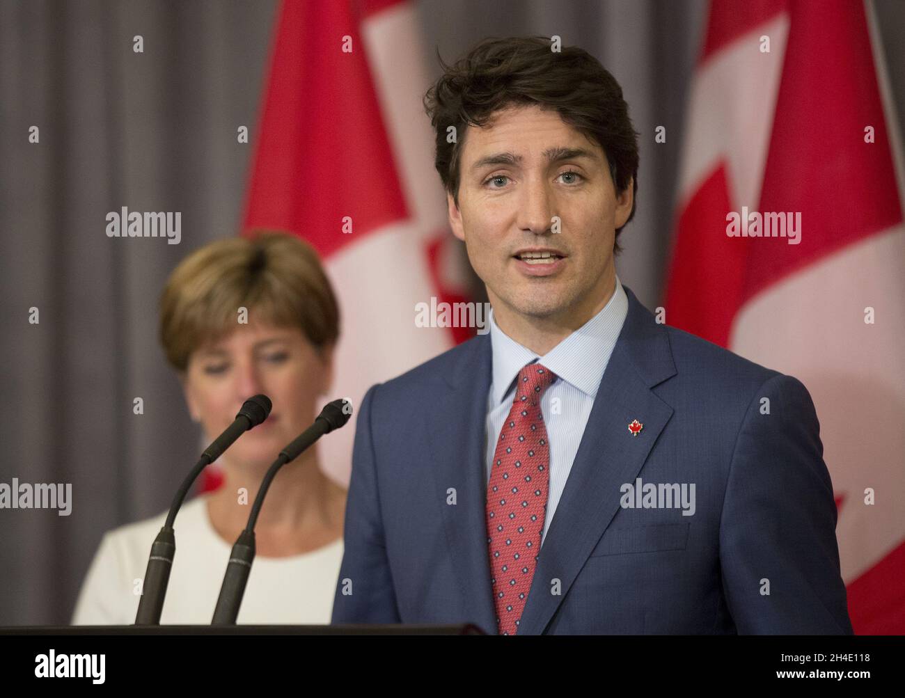 Canada PM Justin Trudeau gives a speech during a press conference at ...