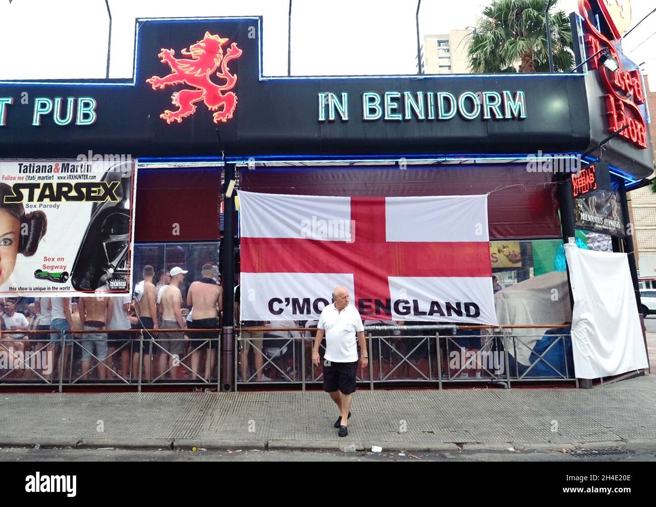 A St George's cross flag hangs from a The Red Lion pub in Benidorm ...