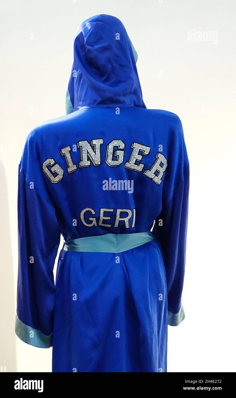 Blue boxing gown worn by Geri on displayed as part of the Spice Girls ...