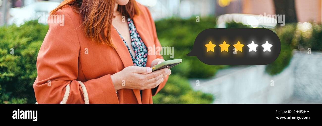 Customer Experience Concept. Excellent. Person using mobile phone with ...