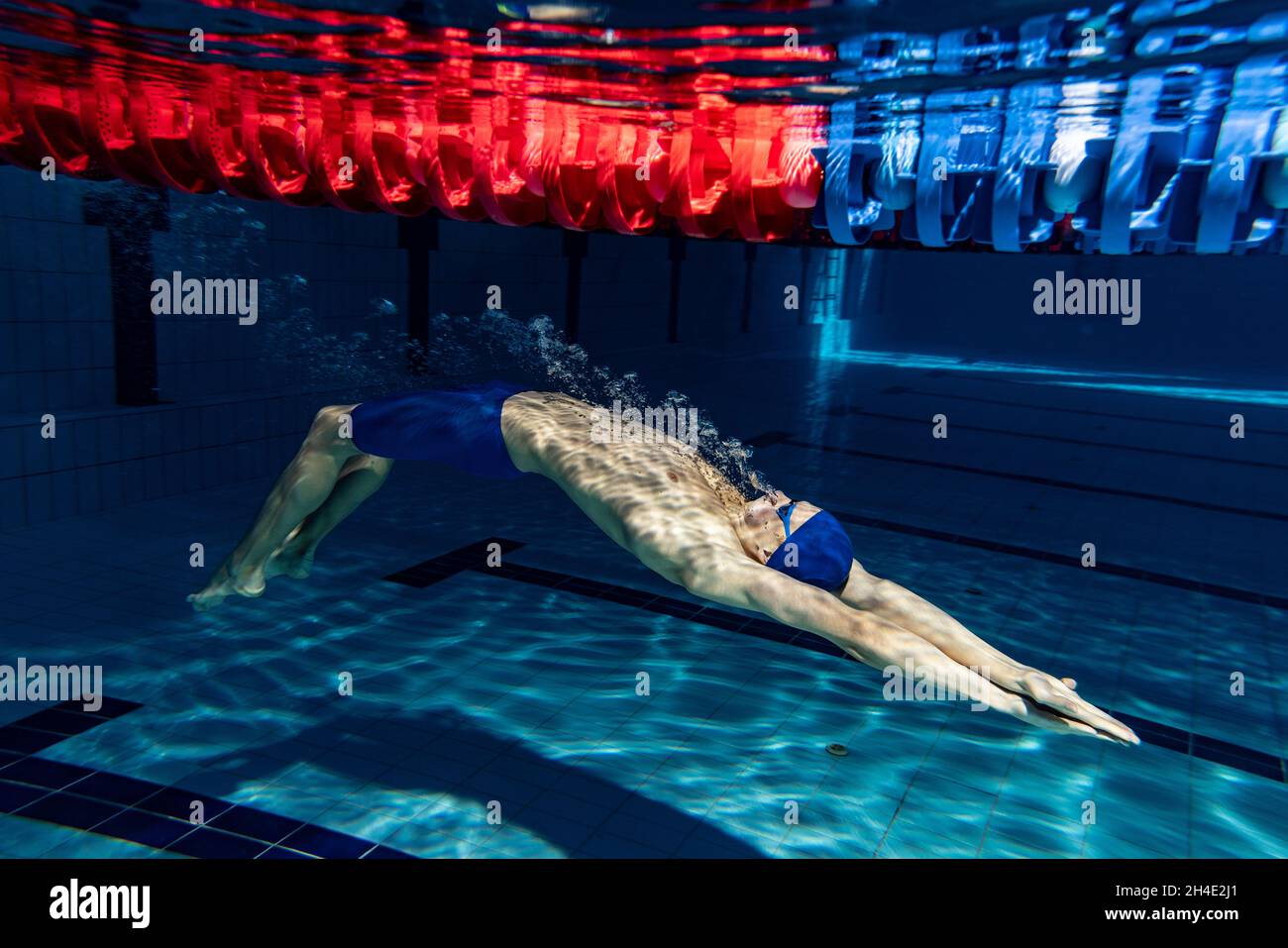 Underwater shooting. One male swimmer training at pool, indoors ...